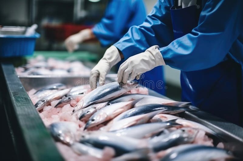 Fish Processing Plant. People Sort the Fish Moving Along the Conveyor ...