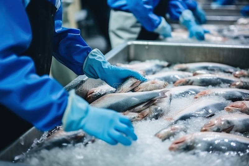 Fish Processing Plant. Production Line. People Sort the Fish Moving ...