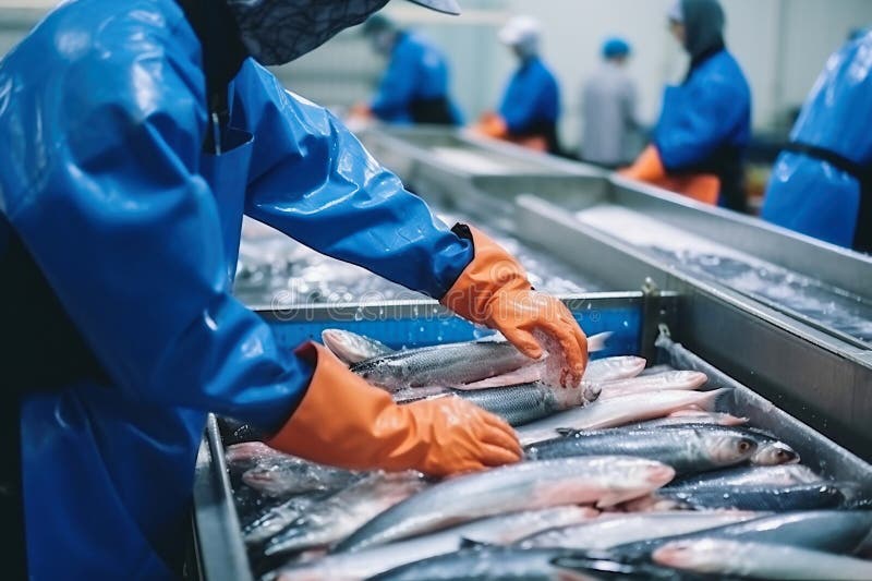 Fish Processing Plant. Production Line. People Sort the Fish Moving ...