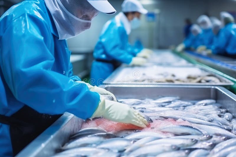 Fish Processing Plant. Production Line. People Sort the Fish Moving ...