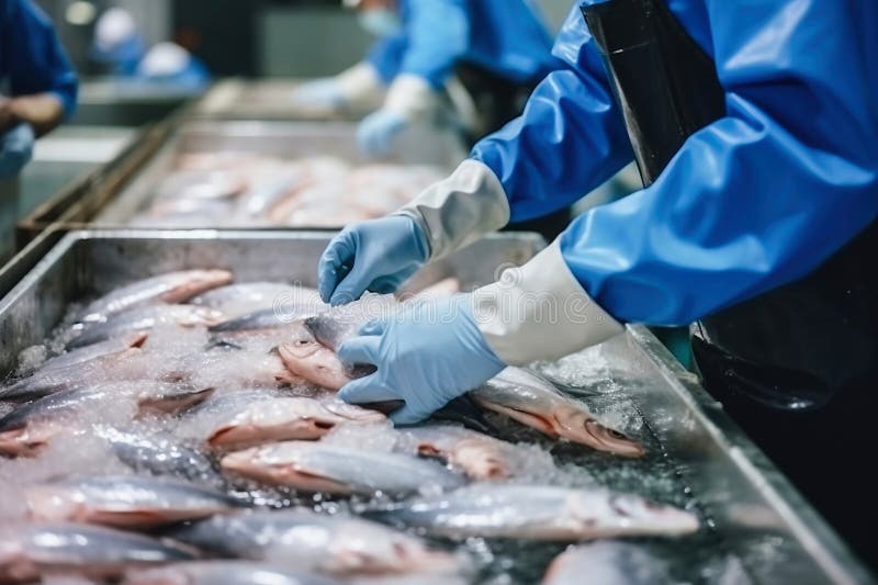 Fish Processing Plant. Production Line. People Sort the Fish Moving ...