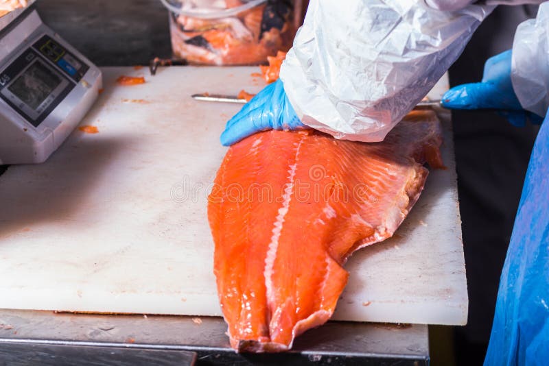 Fish Production. Worker Cuts Fish with a Knife into Pieces for ...