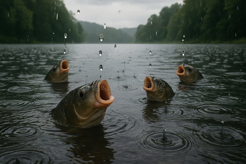 Fish Reaching for Falling Raindrops in Rainy River Stock Illustration ...