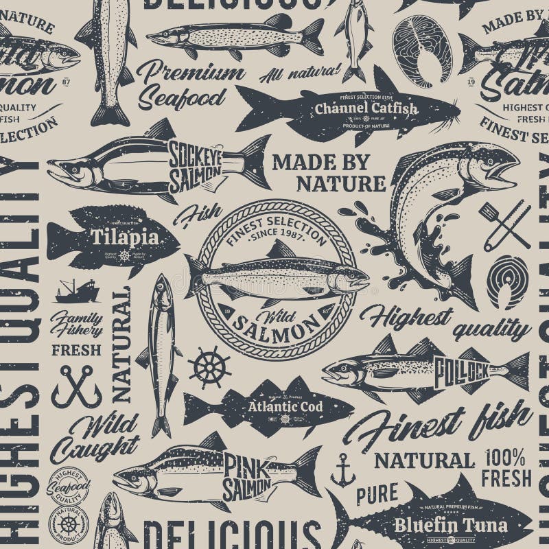 Fish Retro Styled Seamless Pattern, Logo and Icons Stock Vector ...
