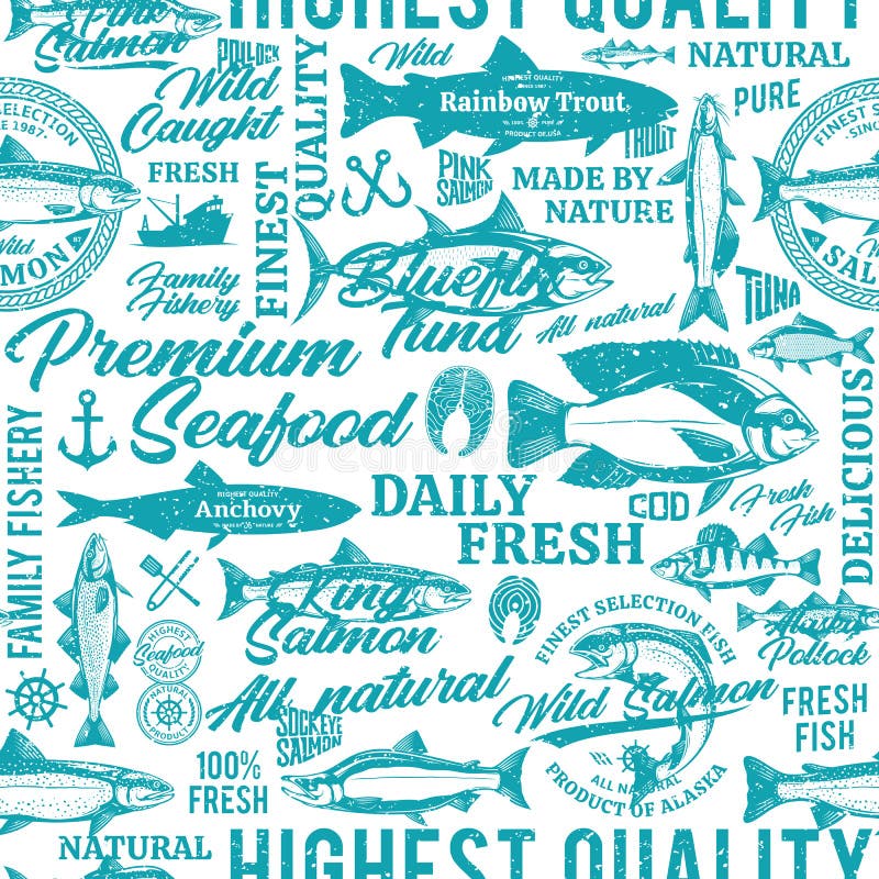 Fish Retro Styled Seamless Pattern, Logo and Icons Stock Vector ...