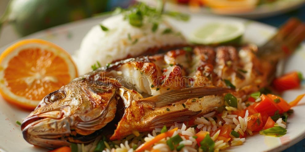 Fish on Rice Plate stock photo. Image of satisfaction - 374244752