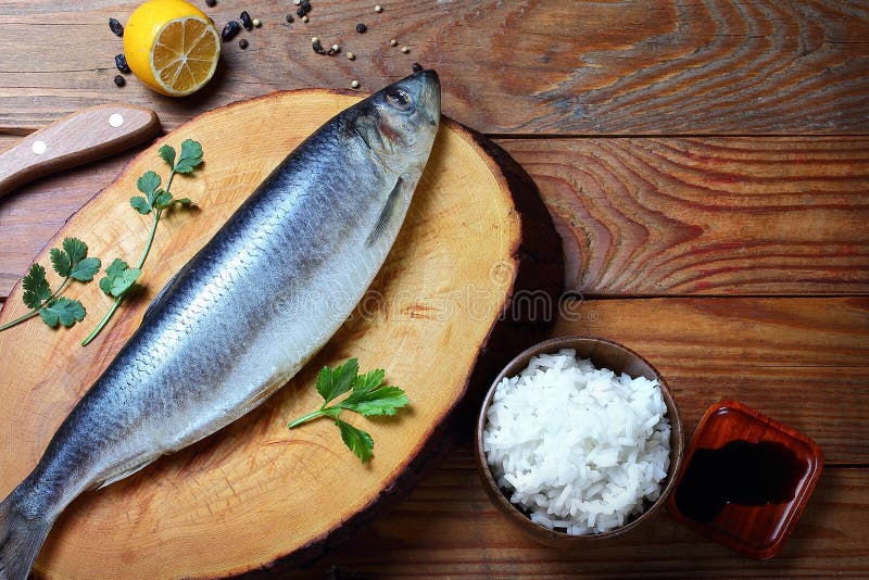 Fish and Rice on Wooden Background Stock Image - Image of breakfast ...
