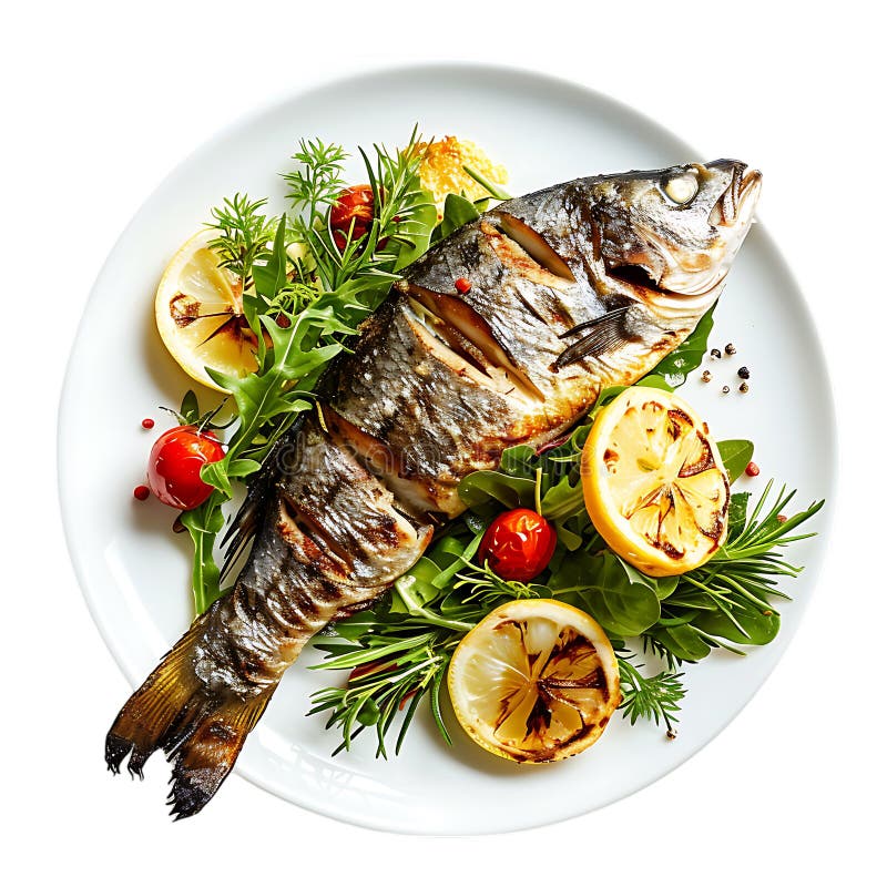 Fish Roasted with Greens on the Plate Stock Illustration - Illustration ...