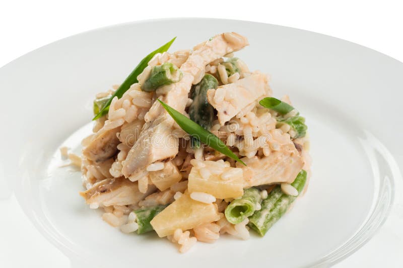 Fish Salad with Rice and Green Beans on a White Plate Stock Image ...