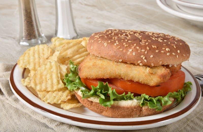 Fish Sandwich with Potato Chips Stock Image - Image of lunch, healthy ...