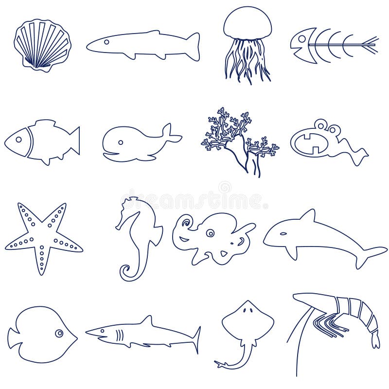 Fish and Sea Life Outline Icons Set Stock Vector - Illustration of ...