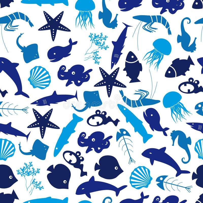 Fish and Sea Life Seamless Pattern Stock Vector - Illustration of blue ...