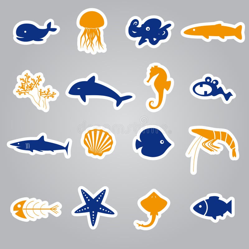 Fish and Sea Life Stickers Set Stock Vector - Illustration of graphic ...
