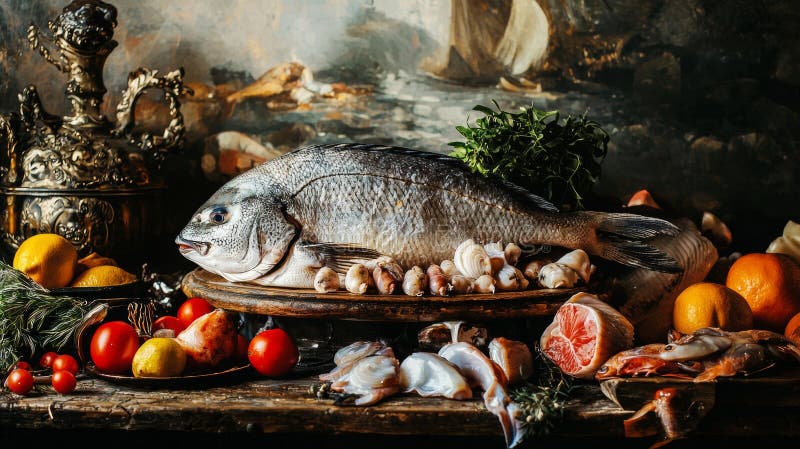 Fish Seafood Arrangement Vintage Still Life Setting Stock Photos - Free ...