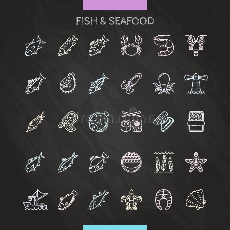 Fish and Seafood Chalk Icons Stock Vector - Illustration of dorado ...