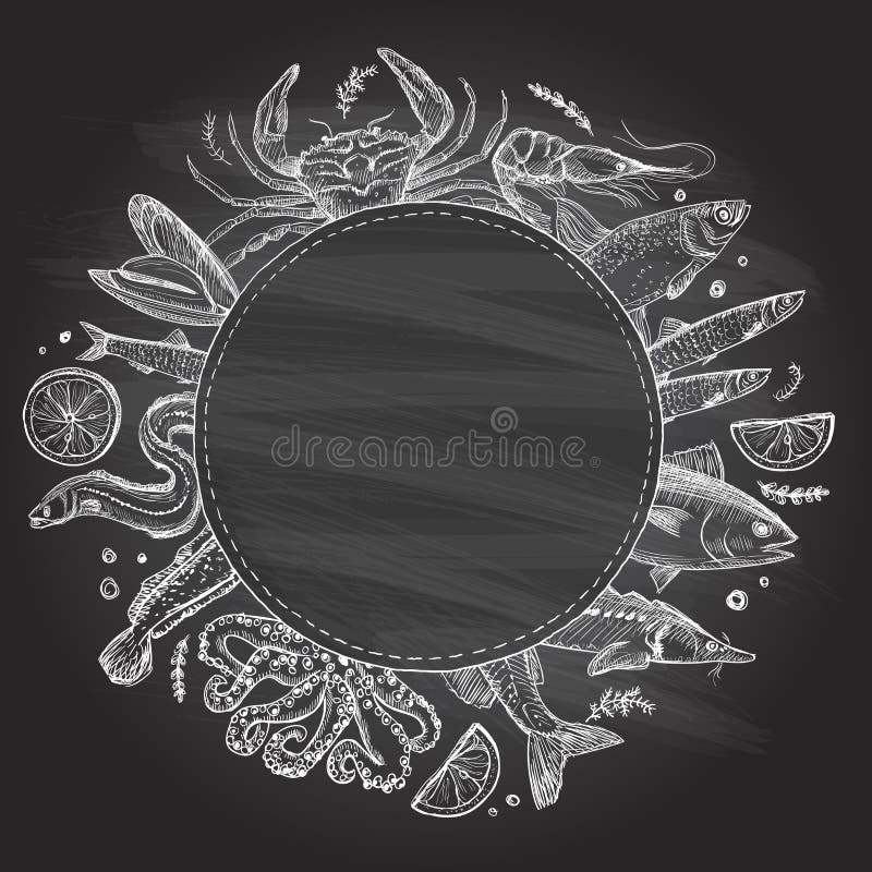 Fish and Seafood Menu Chalkboard, Hand Drawn Graphic Illustration Stock ...