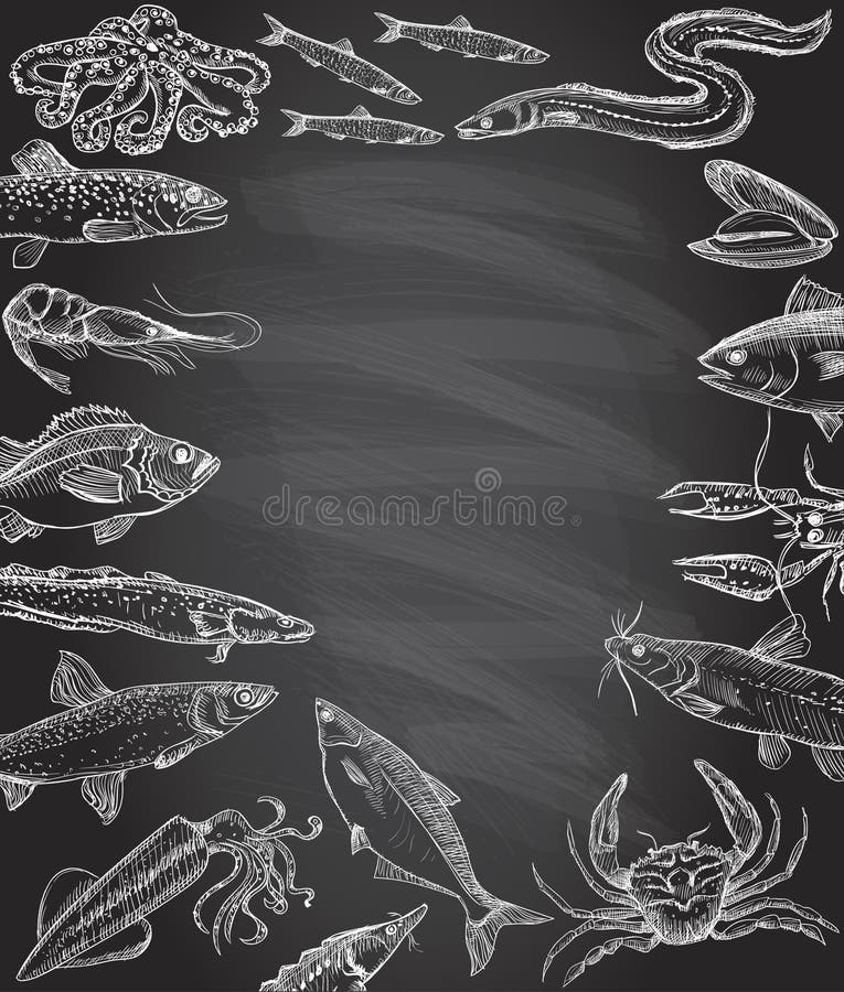 Fish and Seafood Frame on a Chalkboard Template, Hand Drawn Graphic ...