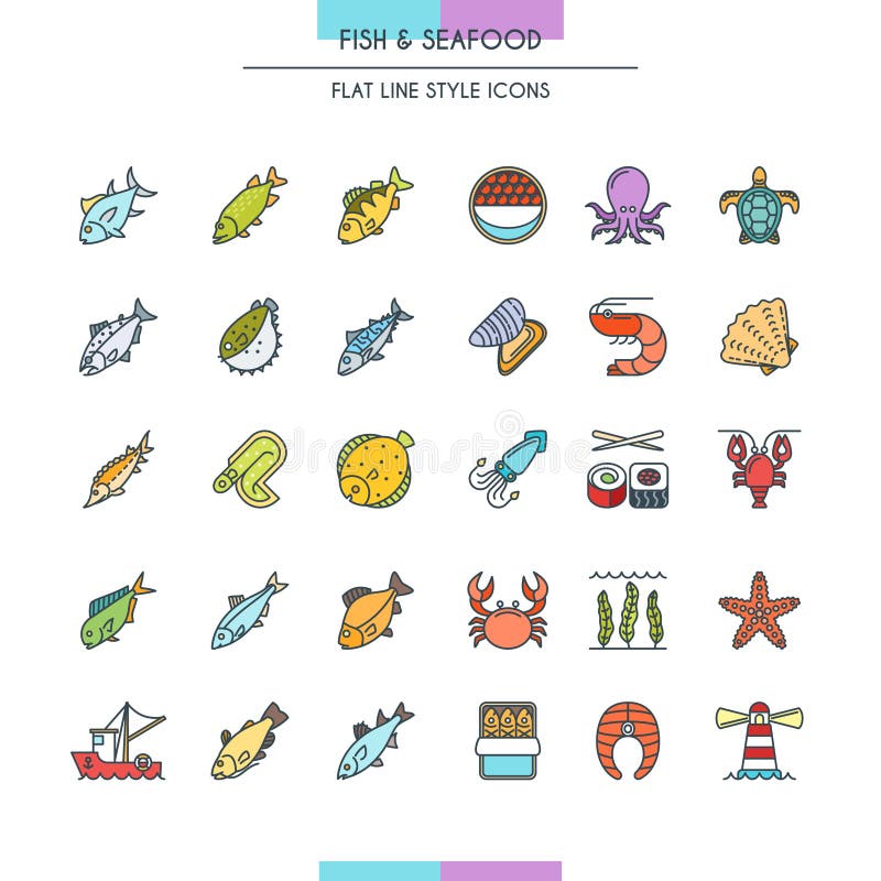Fish and seafood icons stock vector. Illustration of prawn - 90721326