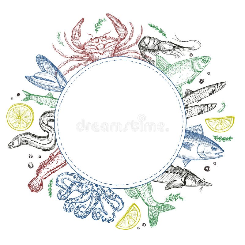 Fish Menu Elements and Symbols Set, Hand Drawn Graphic Illustration ...