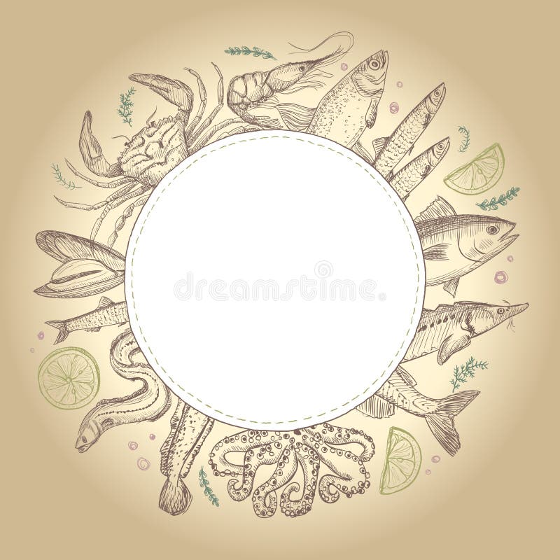 Fish and Seafood Round Frame for Menu Stock Vector - Illustration of ...