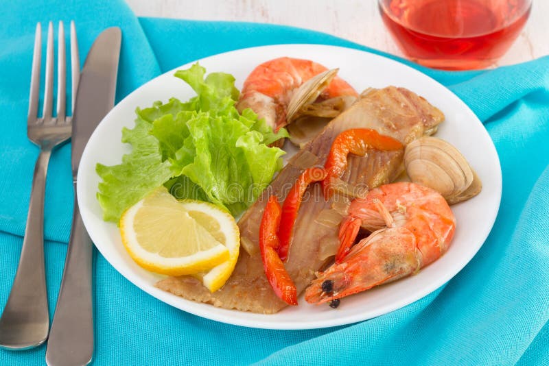 Fish with Seafood and Salad Stock Photo - Image of meal, claim: 28136672