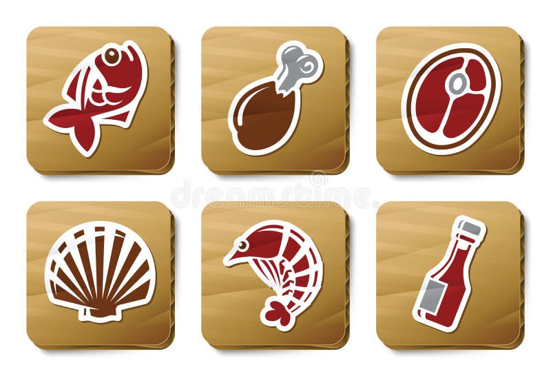 Fish, Seafoods and Meat Icons | Cardboard Series Stock Vector ...