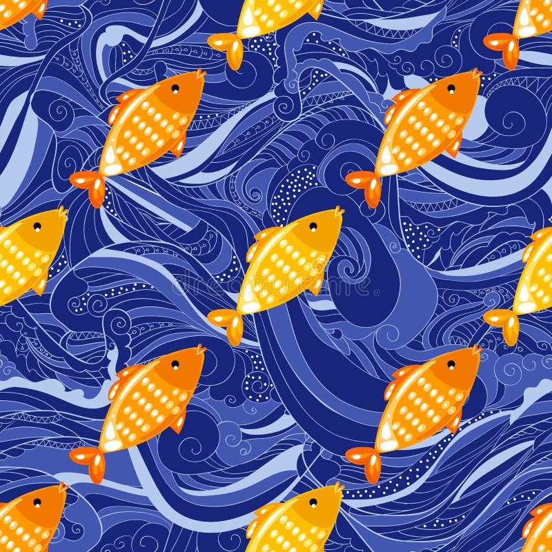 Fish Seamless Pattern on Blue Wave Background Stock Vector ...