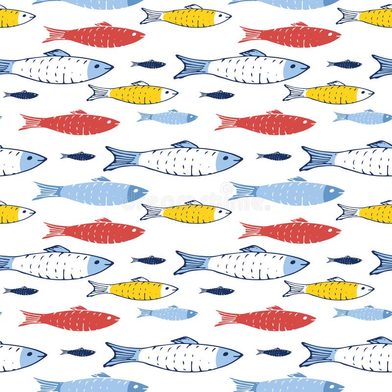 Fish Seamless Pattern. Fish Cartoon Doodle, Vector Illustration Stock ...