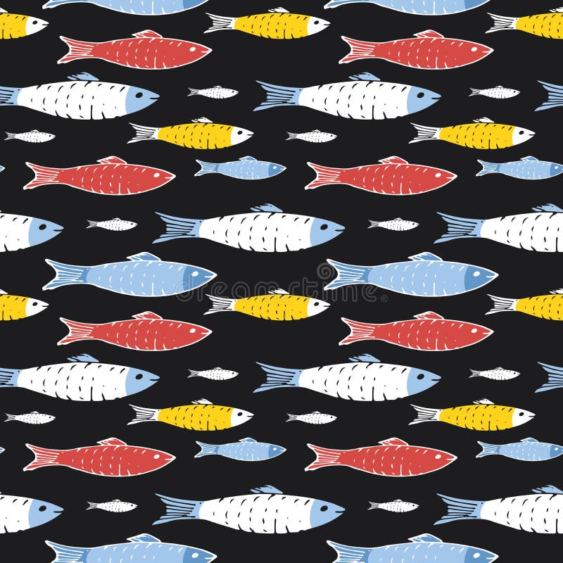 Fish Seamless Pattern. Fish Cartoon Doodle, Vector Illustration Stock ...