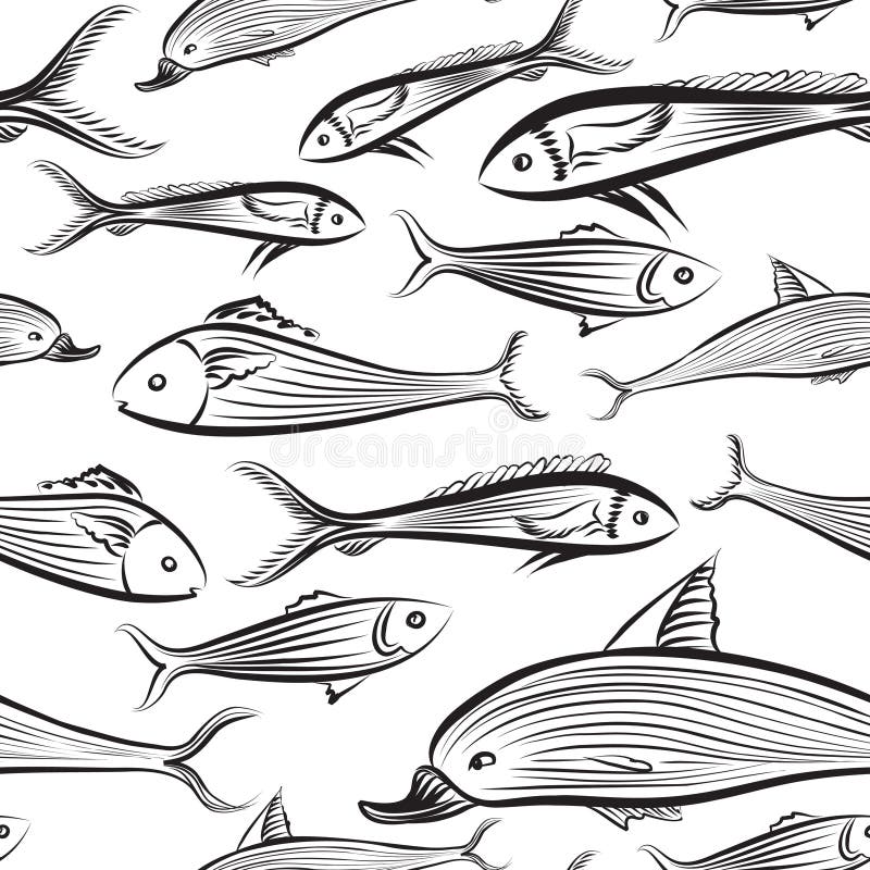 Fish Seamless Pattern. Hand Drawn Doodle Line Decorative Marine Stock ...