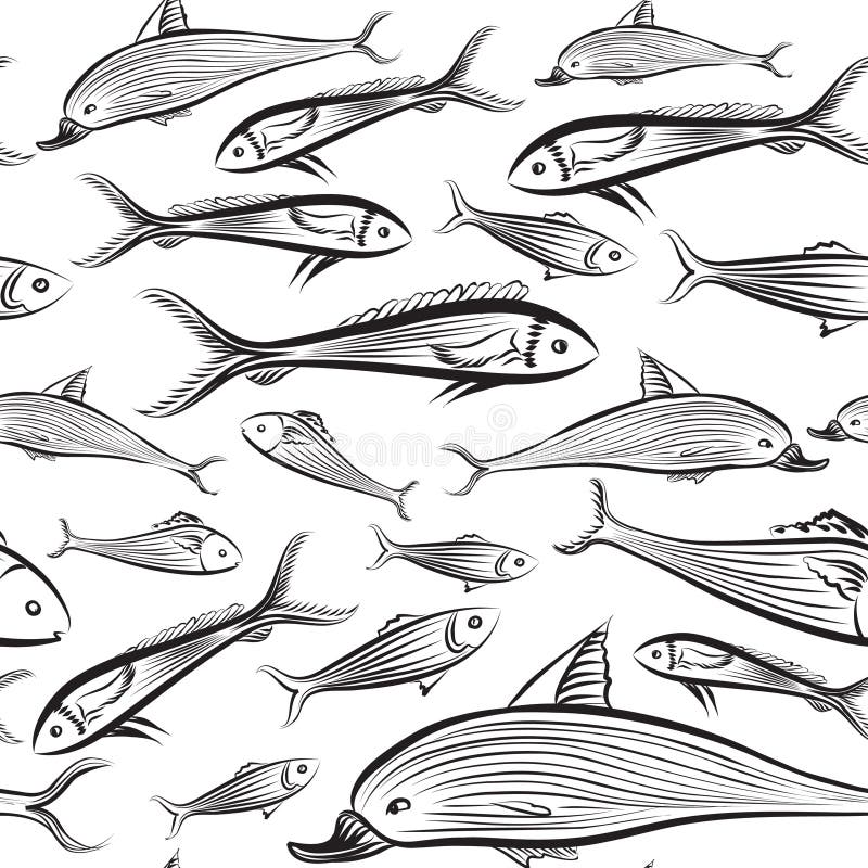 Fish Seamless Pattern. Hand Drawn Doodle Line Decorative Marine Stock ...