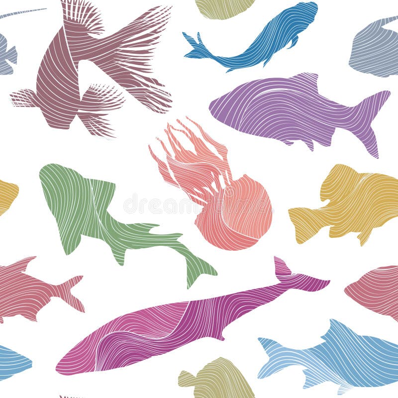 Fish Seamless Pattern. Hand Drawn Doodle Line Decorative Marine Stock ...