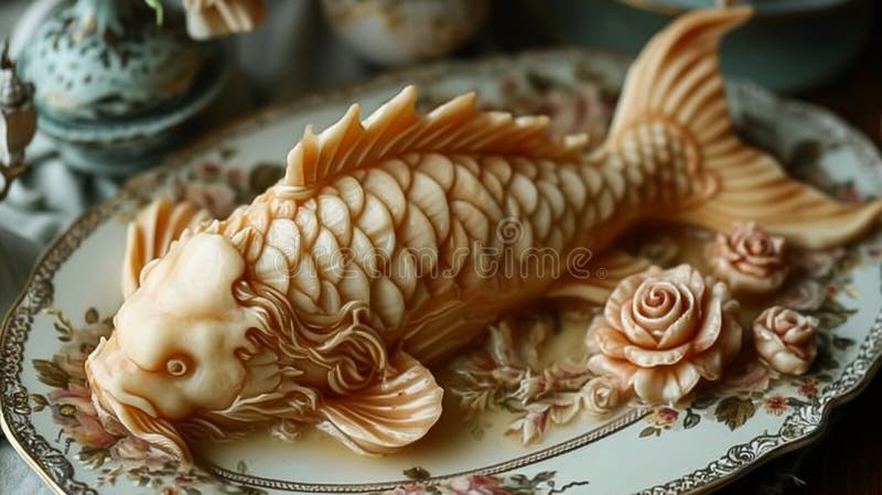 Fish Shaped Cake on a Plate with Flowers Stock Illustration ...