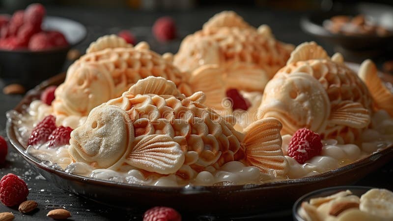 Fish-Shaped Waffles with Raspberries Stock Illustration - Illustration ...