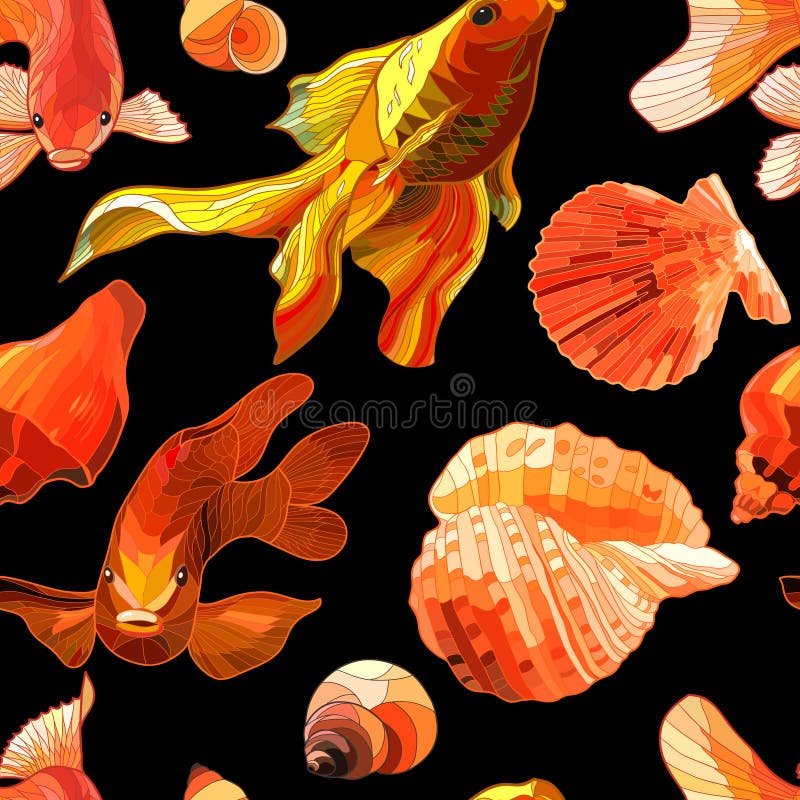 Fish and Shell Seamless Background. Animal Marine Motifs. Vector Stock ...