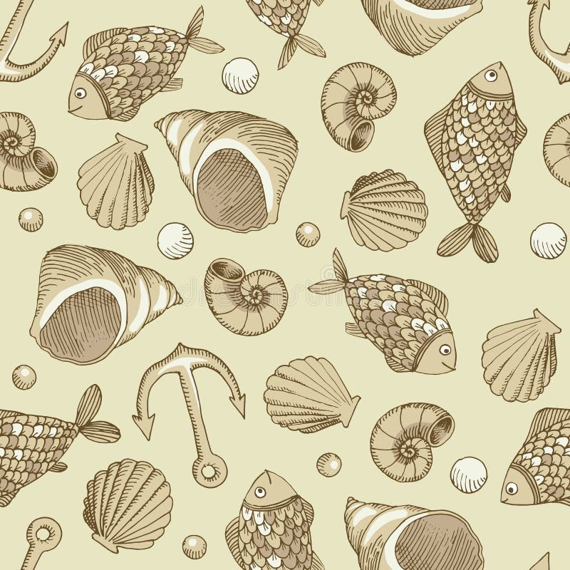 Fish and Shell Vector Seamless Pattern Stock Vector - Illustration of ...