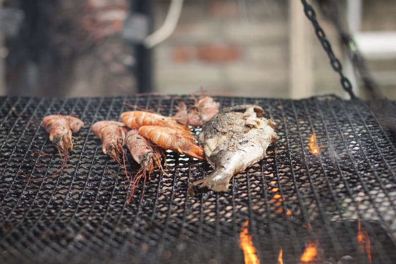 Fish and Shrimp Cooked on the Grill Stock Photo - Image of picnic ...