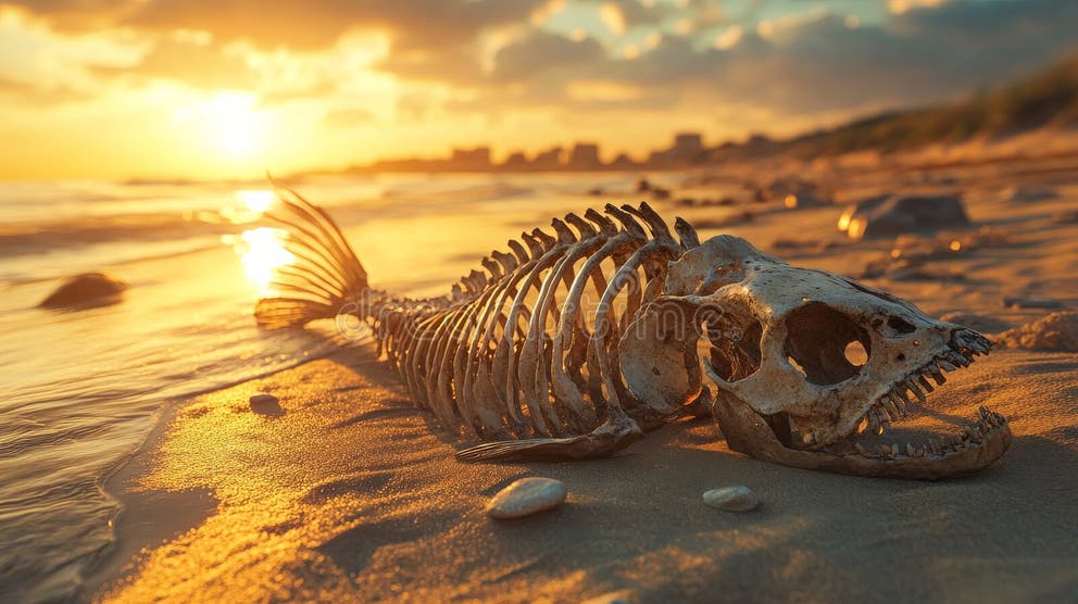 Fish Skeleton on Sandy Beach at Sunset, Dramatic Atmosphere. Nature and ...
