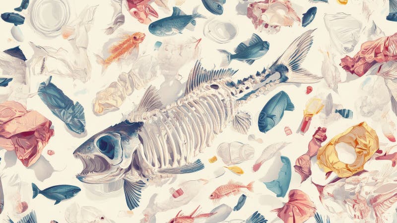 A Fish Skeleton is Surrounded by Trash and Debris, Including Plastic ...
