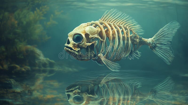 Fish Skeleton Swimming in Murky Water Reflecting on Surface Stock ...