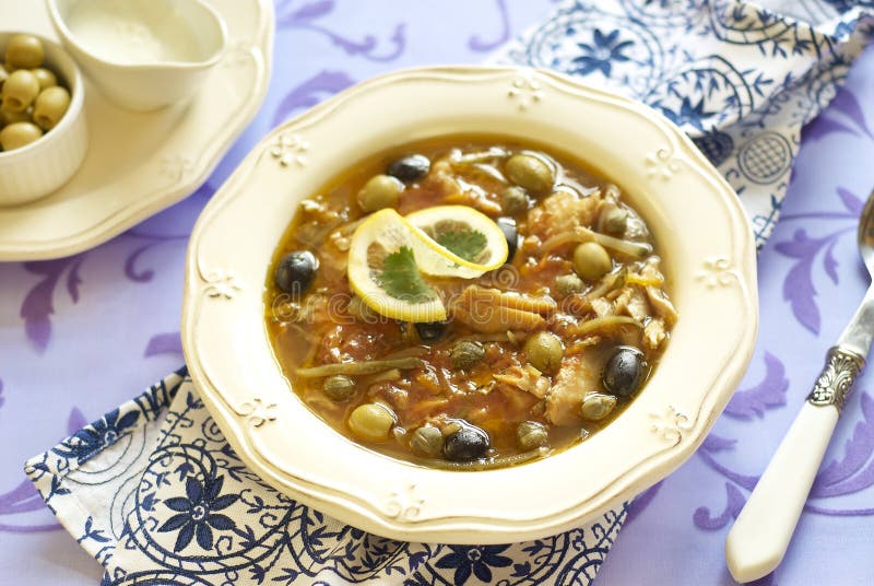 Fish Solyanka with Capers and Olives Stock Image - Image of olives ...