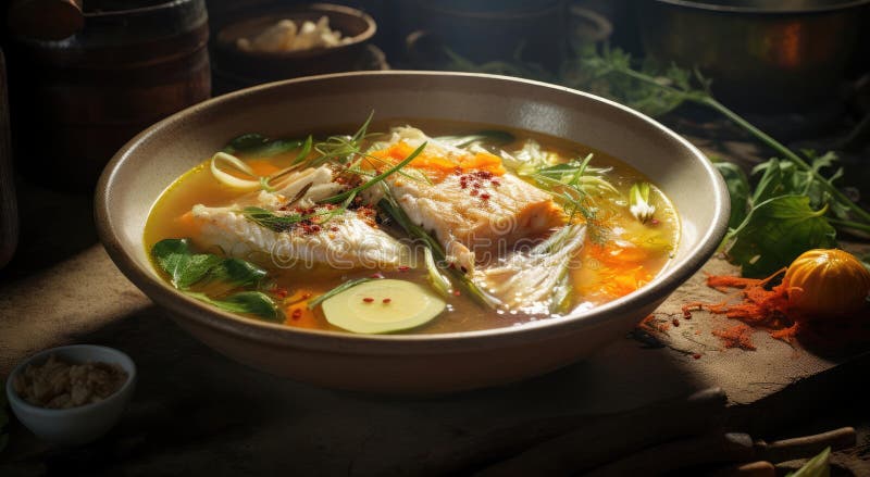 Fish soup in a bowl stock illustration. Illustration of dinner - 291871363