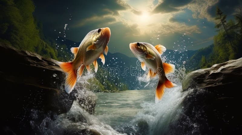 Fish in a Spectacular Jump, Reaching High Heights in the Waterfall ...