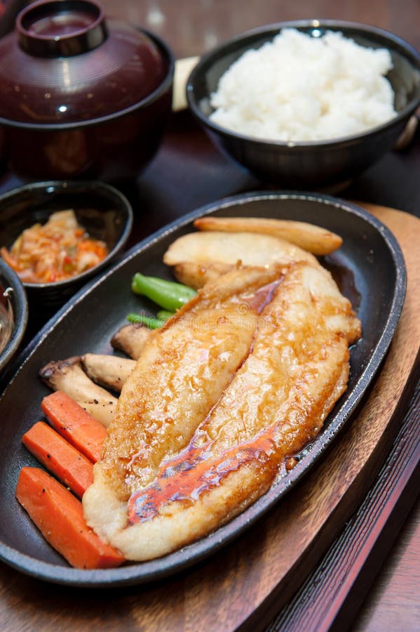 Fish Steak with Rice and Salad Stock Photo - Image of gourmet, japanese ...