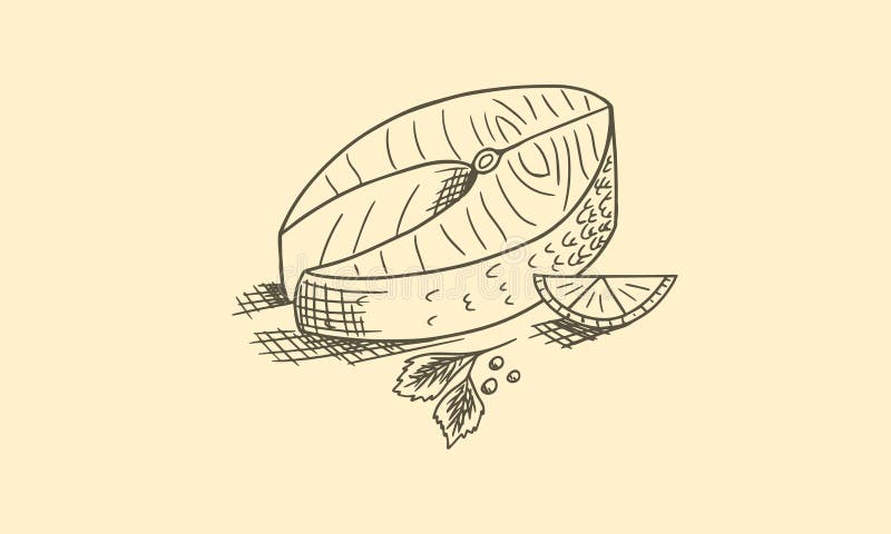 Fish Steak with a Slice of Lemon and a Sprig of Herbs Hand Drawn Sketch ...