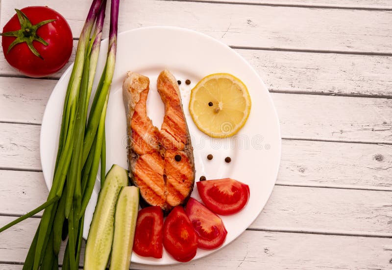 Fish Steak on a White Plate with Vegetables Stock Image - Image of menu ...