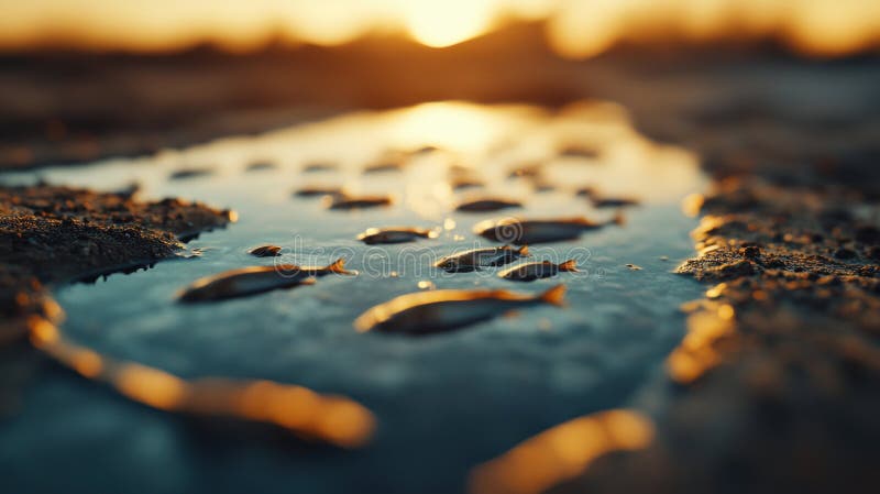 Fish Stranded in Shallow Puddle at Sunset Stock Illustration ...