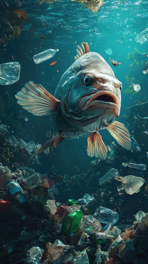 Fish Surrounded by Plastic Debris in Polluted Ocean Waters Stock Image ...