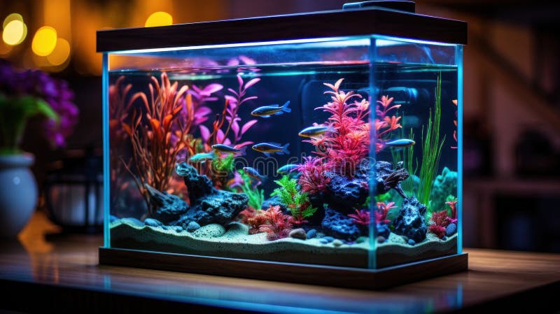 Fish Swim in a Blue Neon Aquarium Stock Illustration - Illustration of ...