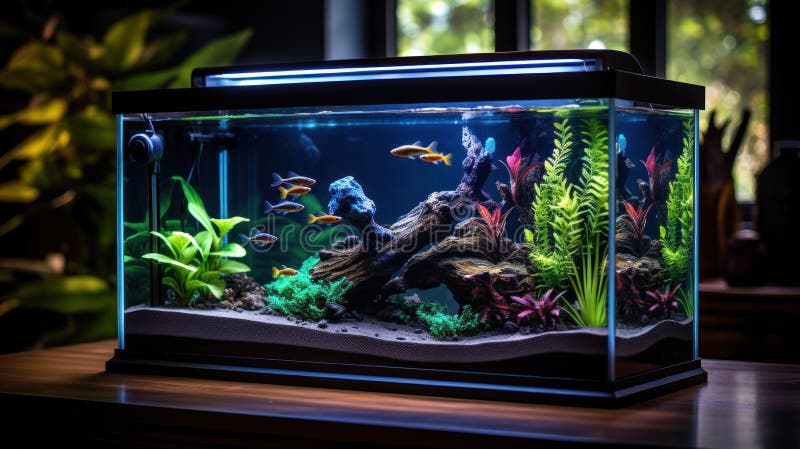 Fish Swim in a Blue Neon Aquarium Stock Photo - Image of green ...